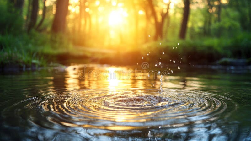 Golden Sunset Water Ripples in Forest Creek Stock Illustration ...