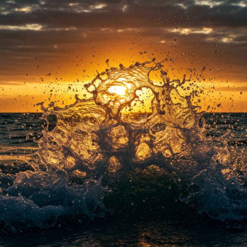 Golden Sunset Wave Splash at Ocean Beach Stock Illustration ...