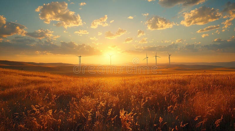 Serene Sunset Over Golden Field Wind Turbine Generative Ai Stock Photos ...