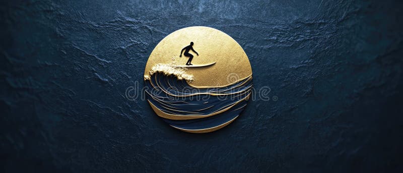 Golden Surfer Silhouette on a Wave with a Blue Textured Background ...