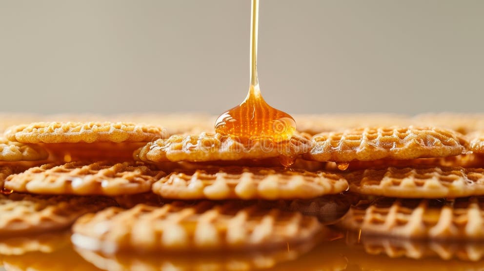 Golden Syrup Dripping Onto a Stack of Crispy Waffles, Breakfast Concept ...
