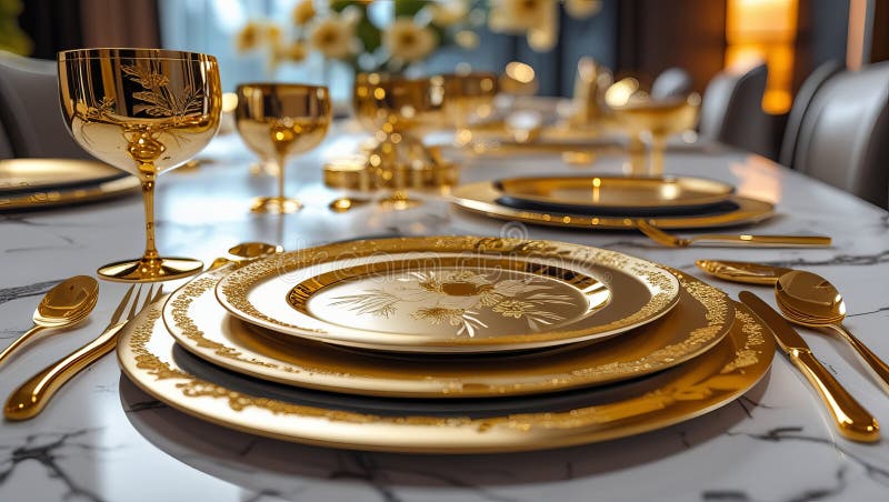 Golden Table Setting with Ornate Plates, Utensils, and Glassware for ...