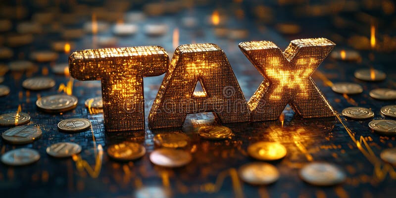 Golden Tax Letters with Coins on a Dark Surface Reflecting Light Stock ...