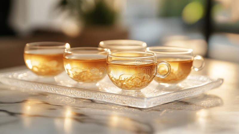 Golden Tea Cups on a Glass Tray Stock Illustration - Illustration of ...