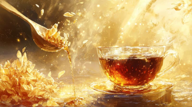 Golden Tea Leaves Pouring into Glass Cup Stock Illustration ...