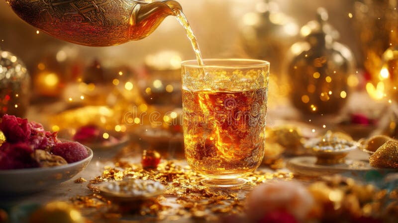 Golden Tea Pouring into Ornate Glass Festive Setting Stock Illustration ...