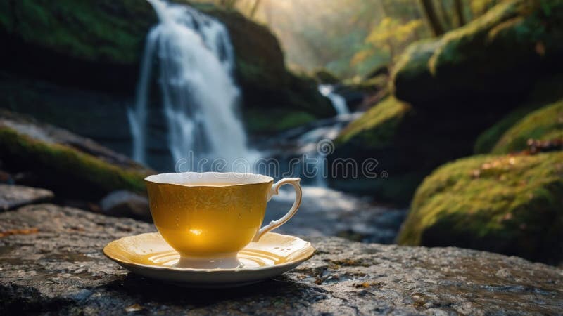 Serene Tea Break by Waterfall: a Golden Cup of Tranquility in Nature ...