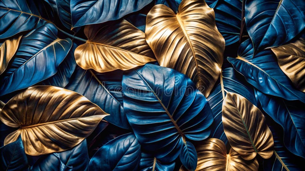 Golden and Teal Tropical Leaf Composition Stock Illustration ...