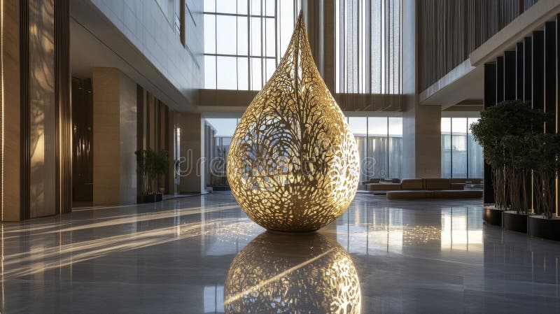 Golden Teardrop Sculpture in Modern Building Lobby Stock Illustration ...