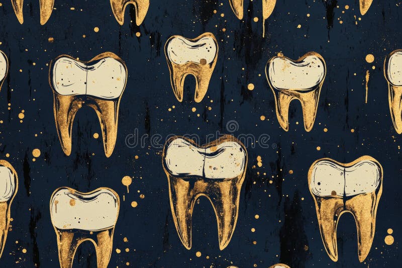 Golden Teeth Seamless Pattern Repeating on a Dark Blue Background ...