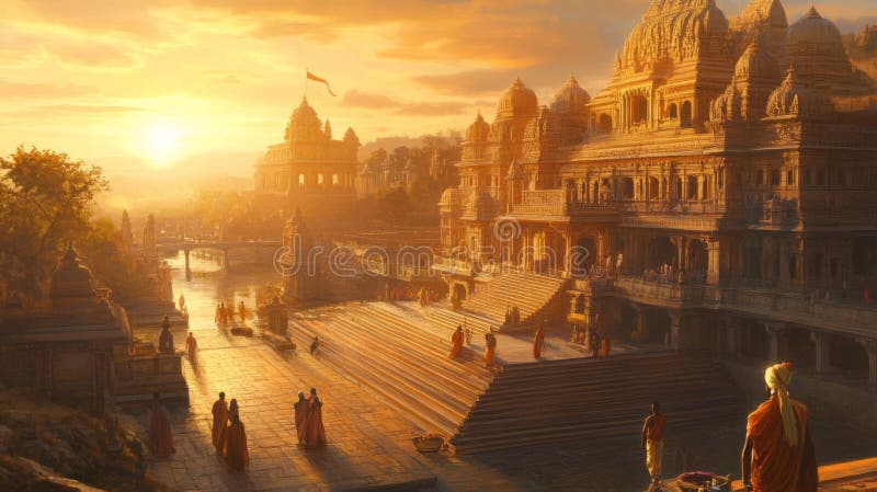 Golden Temple City at Sunset: Ancient Architecture and River Stock ...