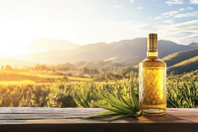 Golden Tequila Bottle on Rustic Table with Aloe and Scenic Sunset ...