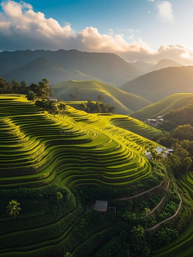 The Golden Terraced Fields are Layered and Distributed in the Mountains ...