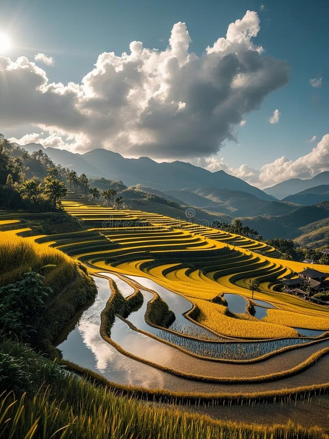 The Golden Terraced Fields are Layered and Distributed in the Mountains ...