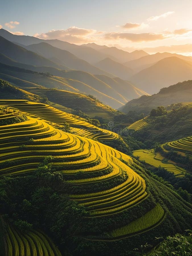 The Golden Terraced Fields are Layered and Distributed in the Mountains ...