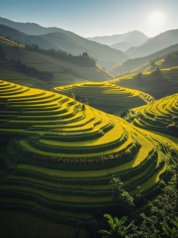 The Golden Terraced Fields are Layered and Distributed in the Mountains ...