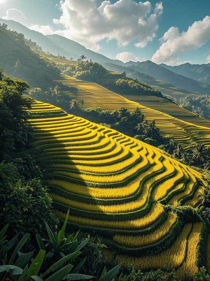 The Golden Terraced Fields are Layered and Distributed in the Mountains ...