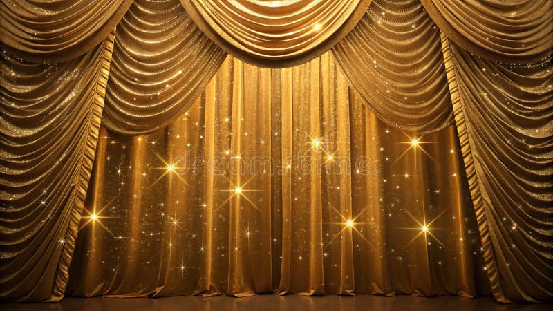 Golden Theater Stage Curtain with Shimmering Light Effects Stock Photo ...