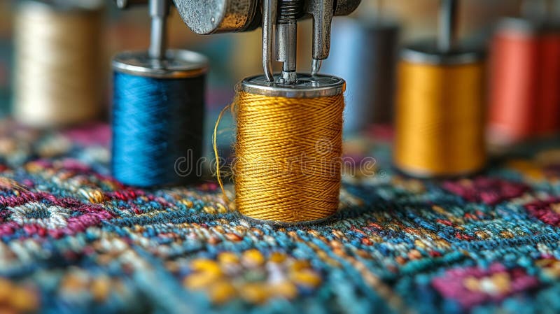 Golden Thread on a Vibrant Fabric Under a Sewing Machine during a ...