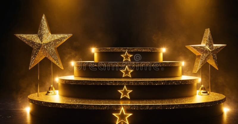 Golden Three Step Podium with Star Glowing. Gold Stage with Glitter ...