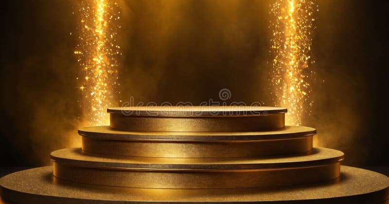 Golden Three Step Podium with Star Glowing. Gold Stage with Glitter ...