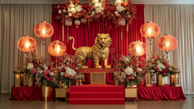 Golden Tiger Statue Decorated with Red Lanterns and Flowers Stock ...