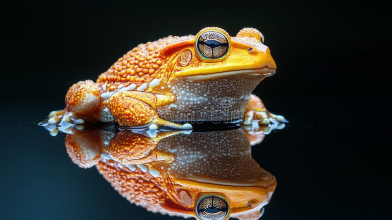 Golden Toad Frog Reflecting on a Black Surface Illuminated by Soft ...