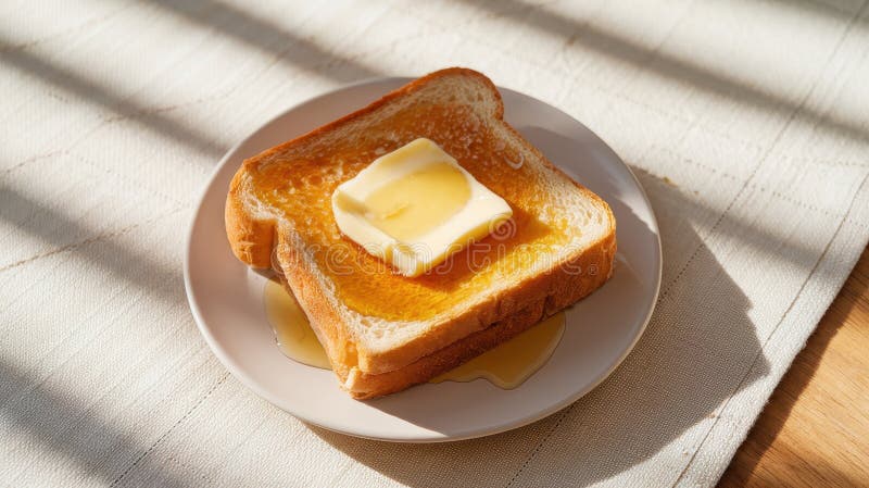 Golden Toast with Butter, High Angle Close-Up, Breakfast Setting Stock ...