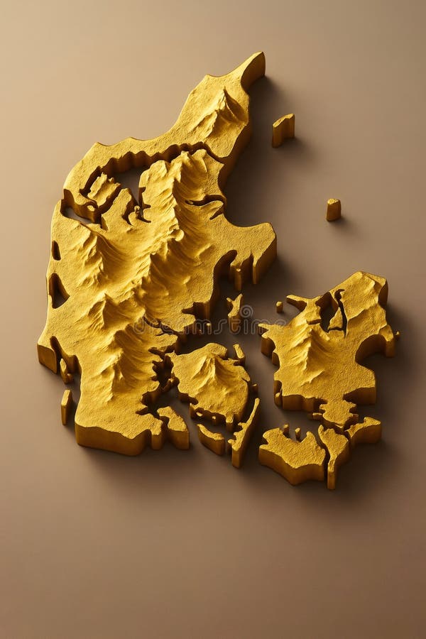 Golden Topographic Map of Denmark Showing Its Terrain and Main Islands ...