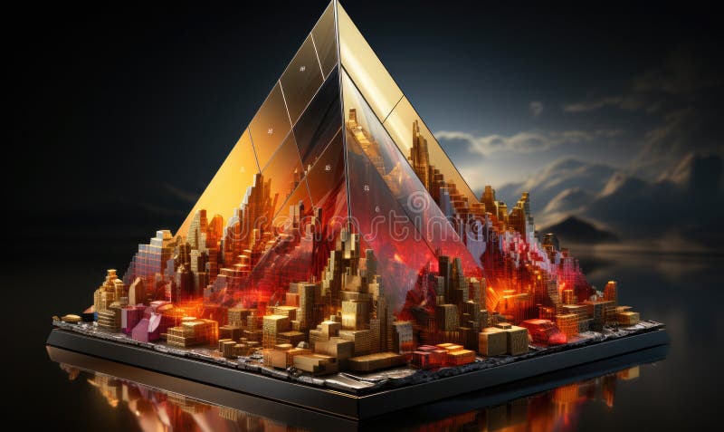 A Golden Translucent Pyramid with a Glowing Red City Inside it Stock ...