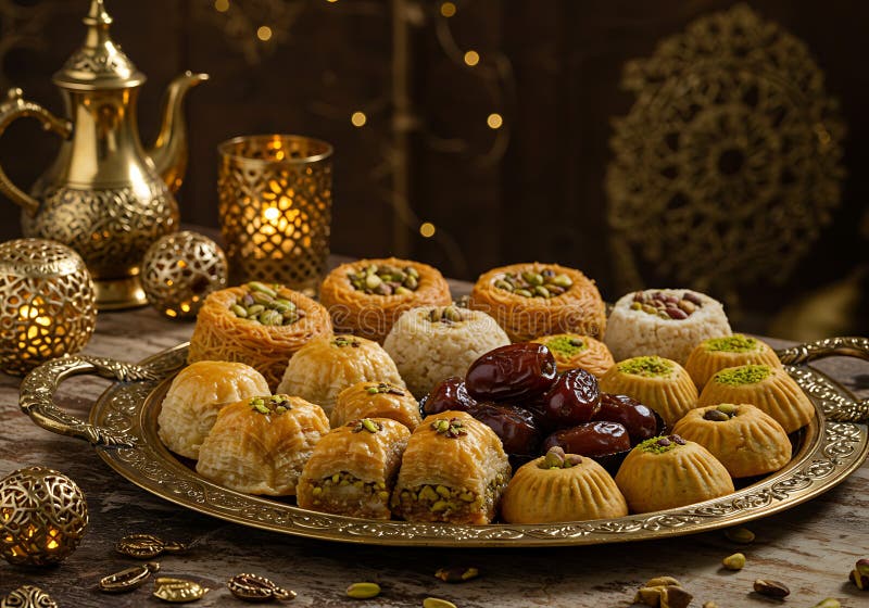 Golden Tray of Arabian Sweets Stock Illustration - Illustration of ...