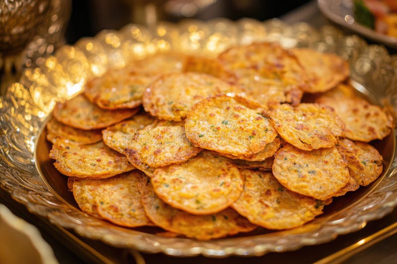 A Golden Tray of Rugag with Thin, Crispy Flatbreads. Stock Illustration ...