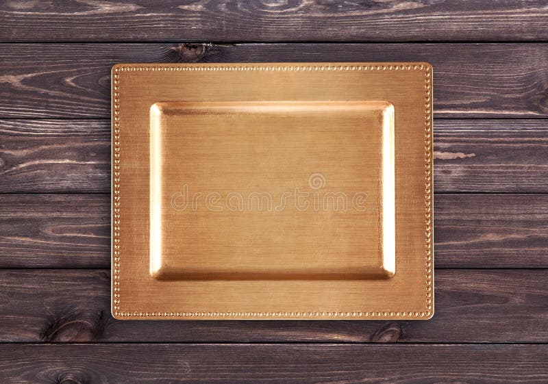 Golden Tray on Wooden Table Stock Photo - Image of grunge, brass: 63926206