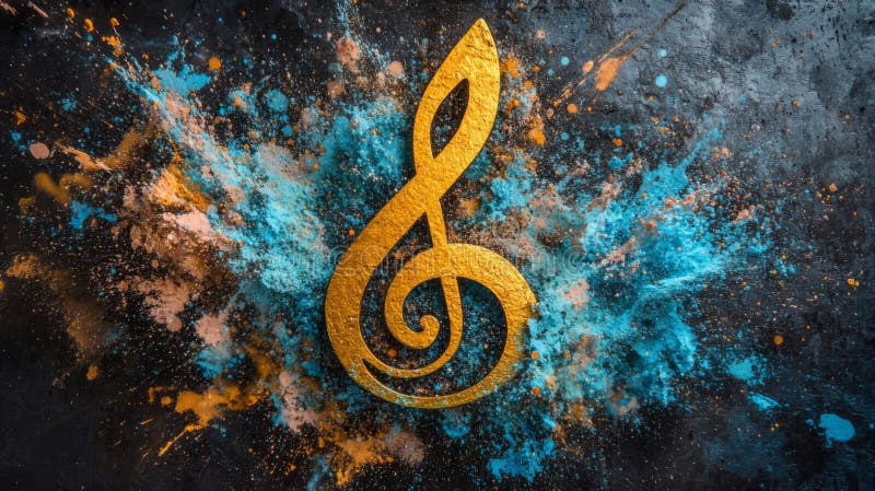 Golden Treble Clef on a Blue and Gold Paint Splash Background Stock ...