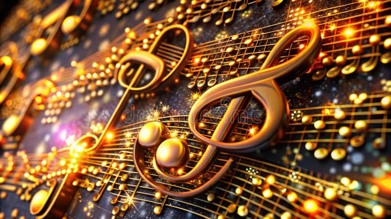 Golden Treble Clef with Musical Notes on Black Background Stock ...