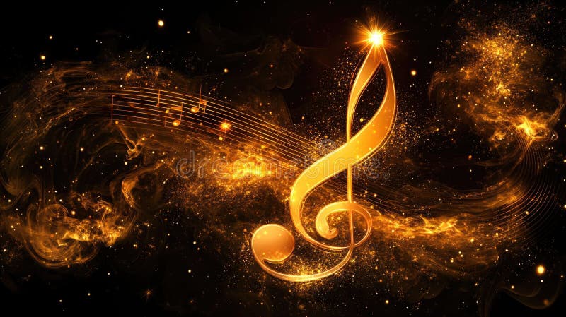 Golden Treble Clef Surrounded by Cosmic Light and Musical Notes Stock ...