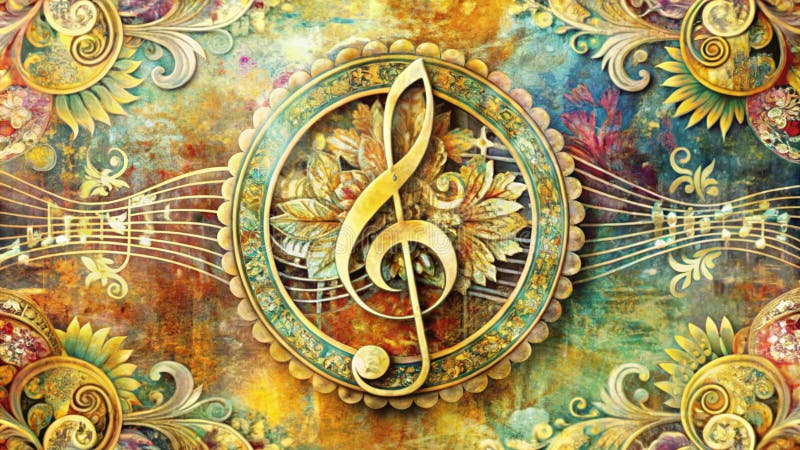 A Golden Treble Clef Surrounded by Floral Patterns and Music Notes on a ...