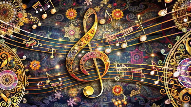 A Golden Treble Clef Surrounded by Musical Notes and Floral Patterns on ...
