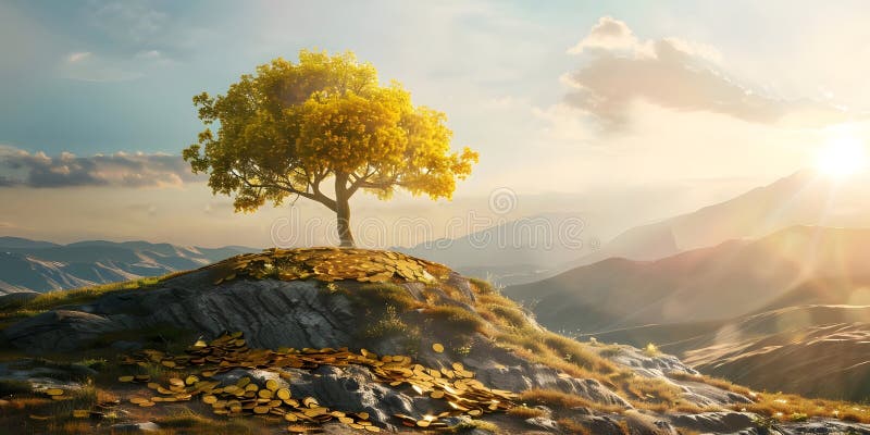 Golden Tree of Abundance Grows on Mountaintop, Coins Cascading Downhill ...