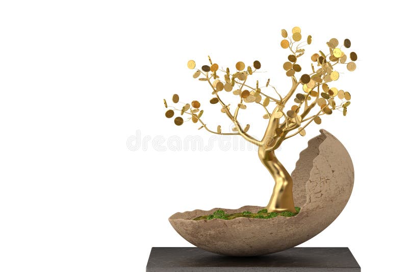 A Golden Tree in an Egg Shaped Flower Pot.3D Illustration. Stock ...