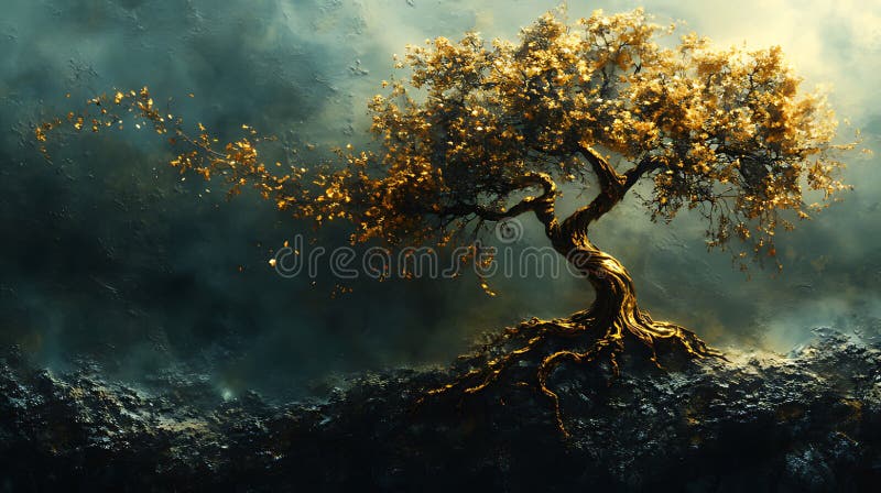 Golden Tree with Exposed Roots on a Misty Hill Stock Illustration ...