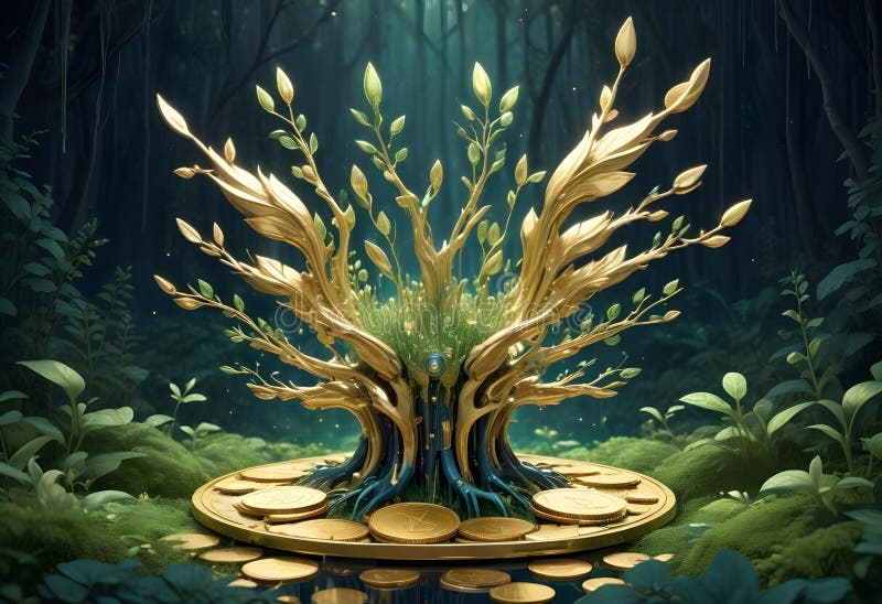 A Golden Tree with Glowing Branches Grows from a Platform of Coins in a ...