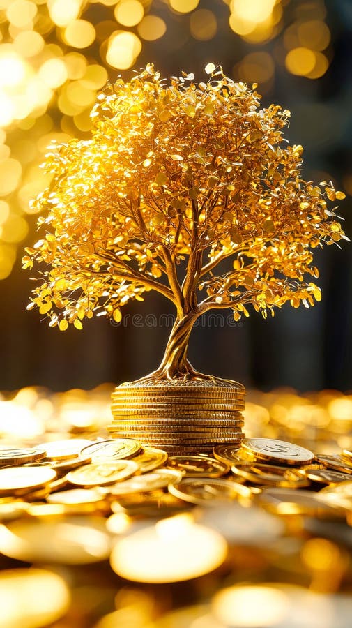 Golden Tree Growing from Coins Symbolizing Wealth and Prosperity Stock ...