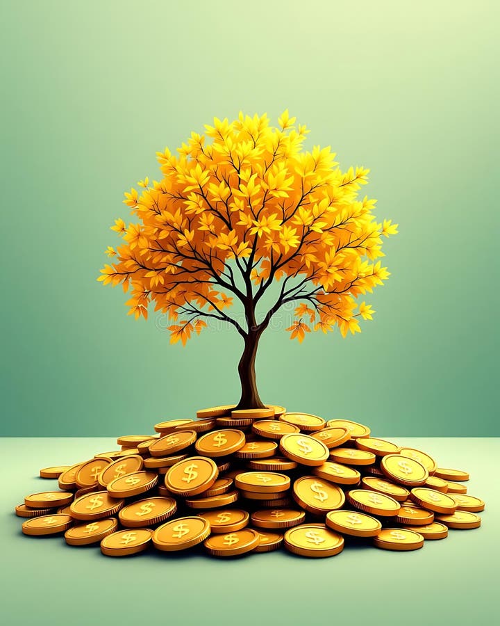 Golden Tree Growing from a Heap of Coins Symbolizing Financial Growth ...