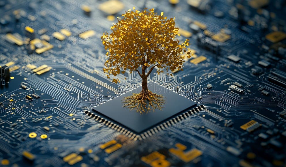 Golden Tree Growing on Microchip Circuit Board Technology Nature ...
