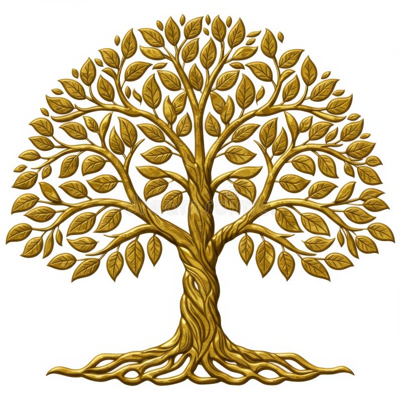 Golden Tree Illustration with Intricate Roots and Branches Stock ...