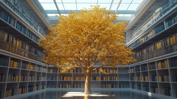A Golden Tree of Insight in a Grand Library. Stock Photo - Image of ...