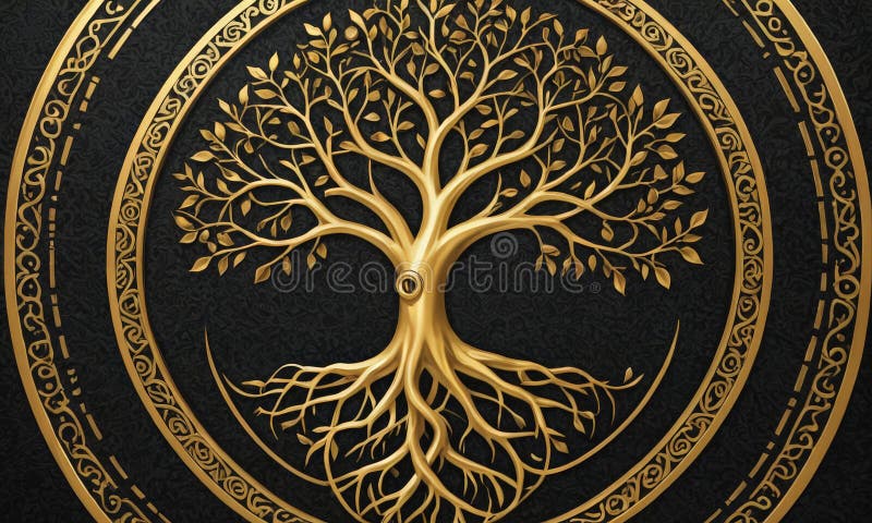 Golden Tree with Intricate Branches and Roots is Centered within ...