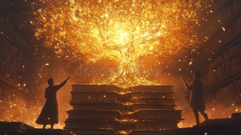 Golden Tree of Knowledge Glowing in a Magical Library Stock Image ...
