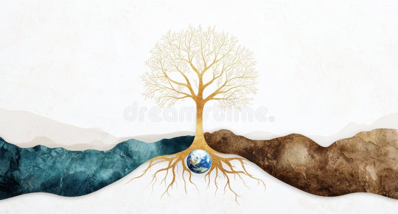 Golden Tree of Life with Earth Globe Stock Illustration - Illustration ...